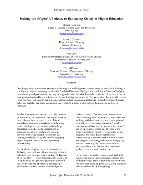 (PDF) Seeking the ‘Magis:’ A Pathway to Enhancing Civility in Higher ...