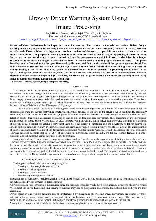 (PDF) Drowsy Driver Warning System Using Image Processing | Drowsy ...
