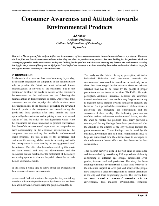 (PDF) Consumer Awareness and Attitude towards Environmental Products