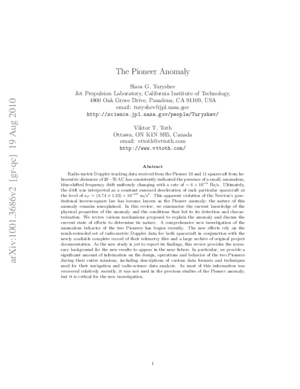 (PDF) The Pioneer Anomaly | Slava Turyshev and Viktor T Toth - Academia.edu