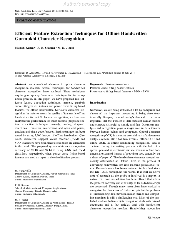 Pdf Efficient Feature Extraction Techniques For Offline Handwritten