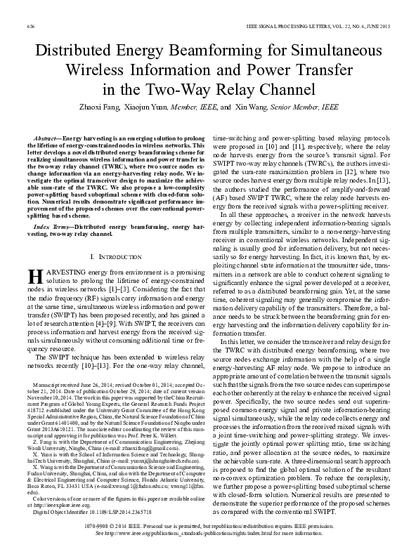 (PDF) Distributed Energy Beamforming for Simultaneous Wireless Information and Power Transfer in ...