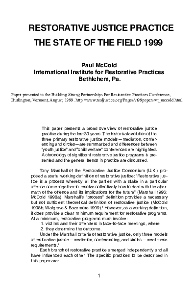 (PDF) Restorative Justice Practice: The State of the Field 1999