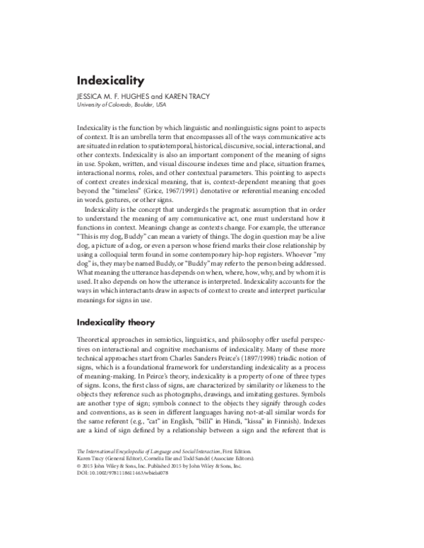 (PDF) Hughes, J. M. F & Tracy, K. (2015). Indexicality. In K. Tracy, C ...