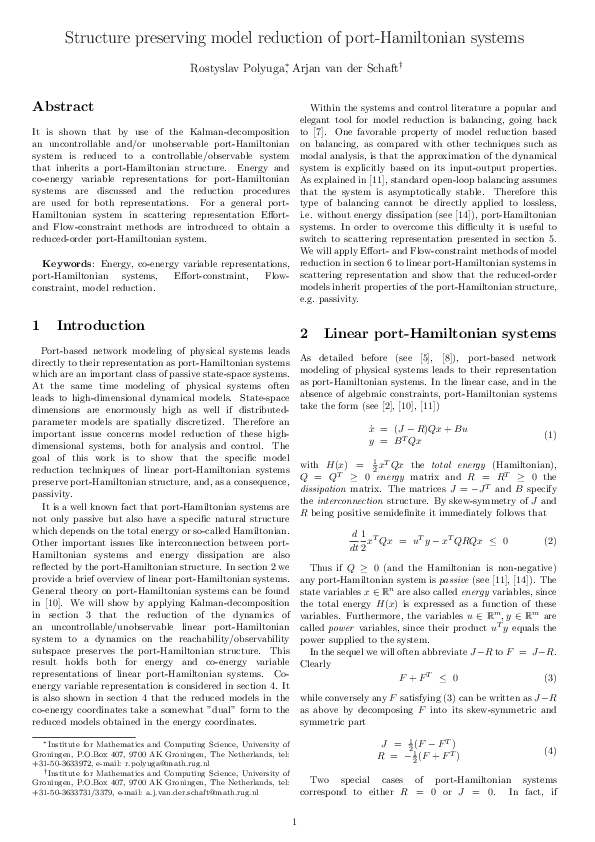 Pdf Structure Preserving Reduction Of Port Hamiltonian Systems