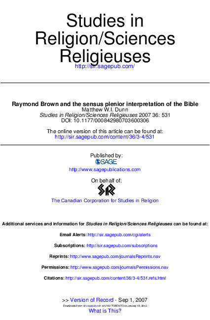 (PDF) Raymond Brown and the "Sensus Plenior" Interpretation of the Bible