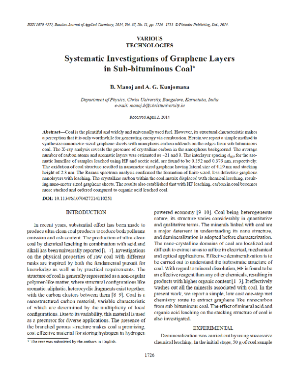 (PDF) Systematic Investigations of Graphene Layers in Sub-bituminous Coal