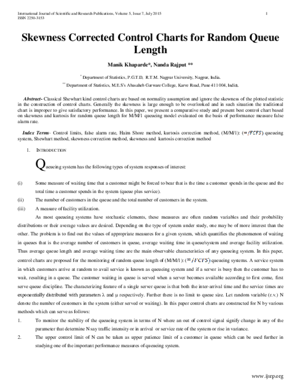 (PDF) Skewness Corrected Control Charts for Random Queue Length