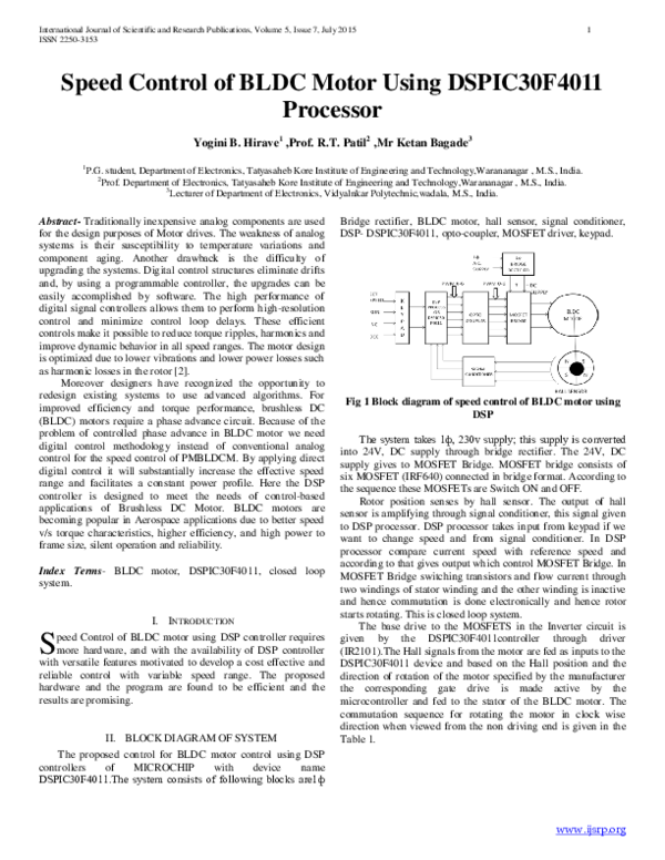 (PDF) Speed Control of BLDC Motor Using DSPIC30F4011 Processor
