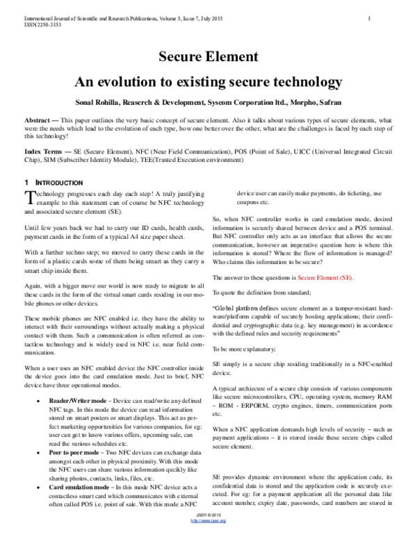 (PDF) Secure Element : An evolution to existing secure technology