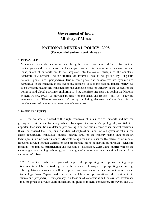 (PDF) Government of India Ministry of Mines NATIONAL MINERAL POLICY ...