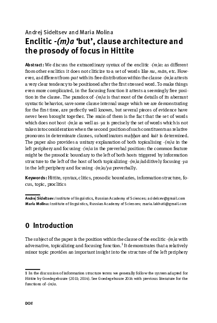 (PDF) Enclitic -(m)a ‘but’, clause architecture and the prosody of ...