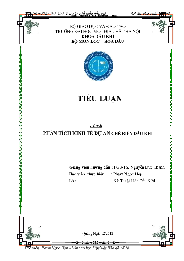 (DOC) KHOA D U KHÍ B MÔN L C – HÓA D U TI U LU N Đ TÀI: CH BI N D U KHÍ