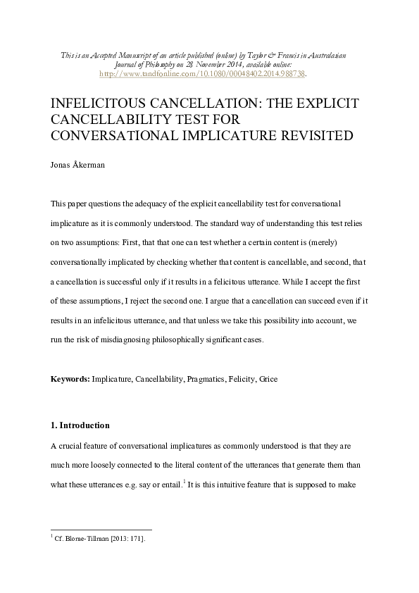 Infelicitous cancellation: the explicit cancellability test for ...