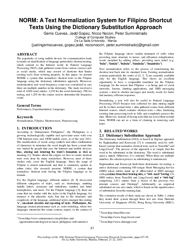 Pdf Norm A Text Normalization System For Filipino Shortcut Texts Using The Dictionary
