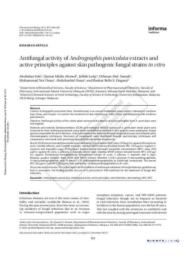 (PDF) Antifungal activity of Andrographis paniculata extracts and active principles against skin ...