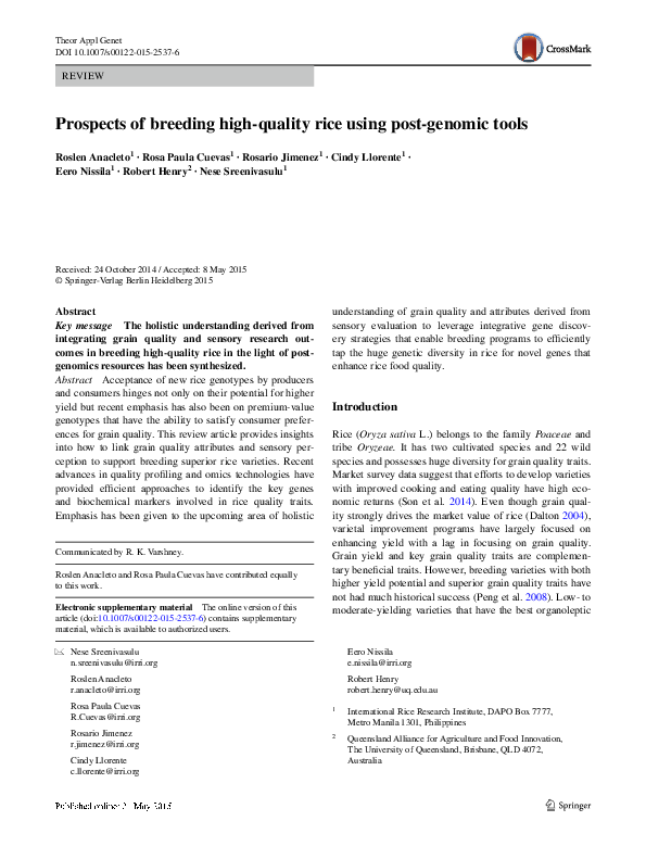 (PDF) Prospects of breeding high-quality rice using post-genomic tools