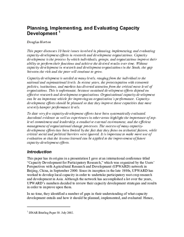 (PDF) Planning, Implementing, and Evaluating Capacity Development (PDF) Planning, Implementing, and Evaluating Capacity Development