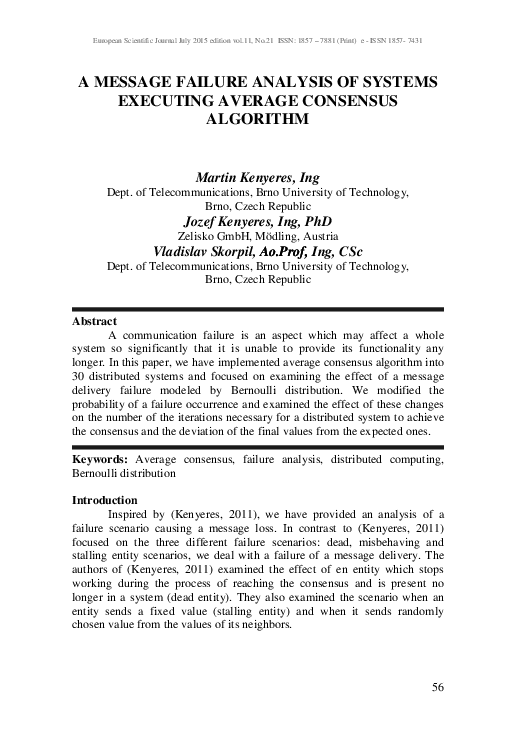 (PDF) A MESSAGE FAILURE ANALYSIS OF SYSTEMS EXECUTING AVERAGE CONSENSUS ALGORITHM