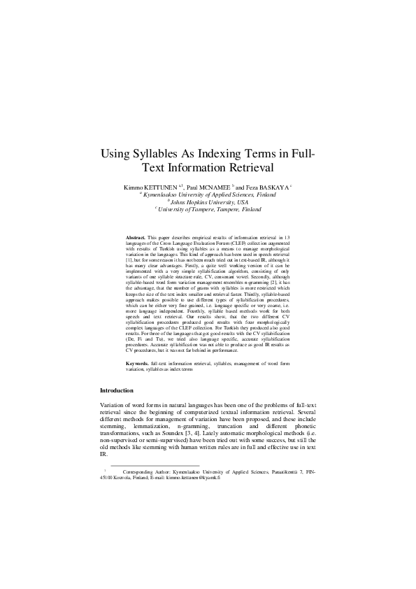 (PDF) Using Syllables As Indexing Terms in Full- Text Information Retrieval