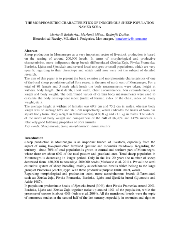 (PDF) THE MORPHOMETRIC CHARACTERISTICS OF INDIGENOUS SHEEP POPULATION NAMED SORA