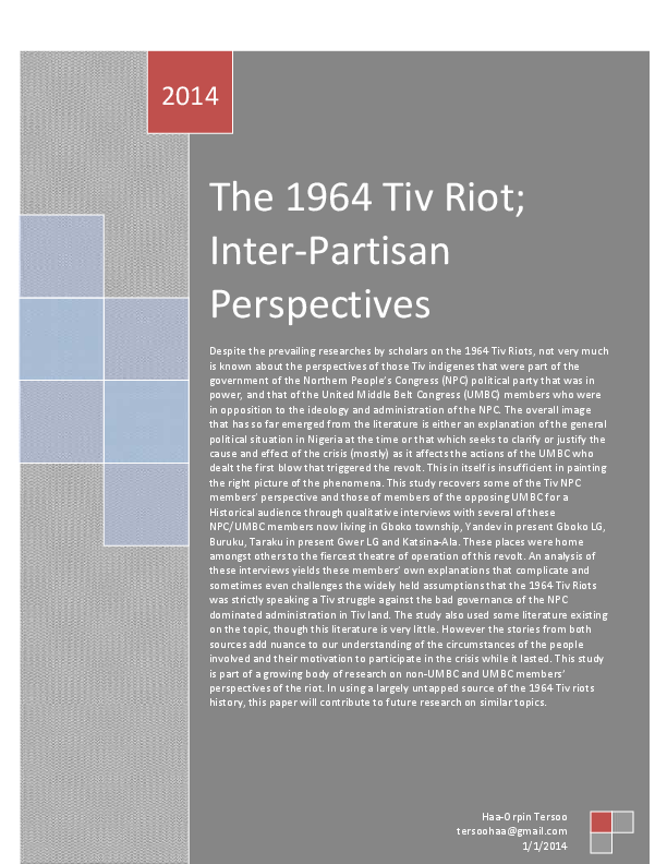 (PDF) The 1964 Tiv Riot; Inter-Partisan Perspective
