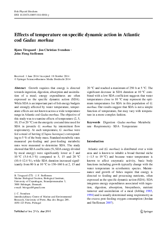 (PDF) Effects of temperature on specific dynamic action in Atlantic cod ...