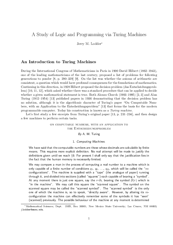 Pdf An Introduction To Turing Machines 