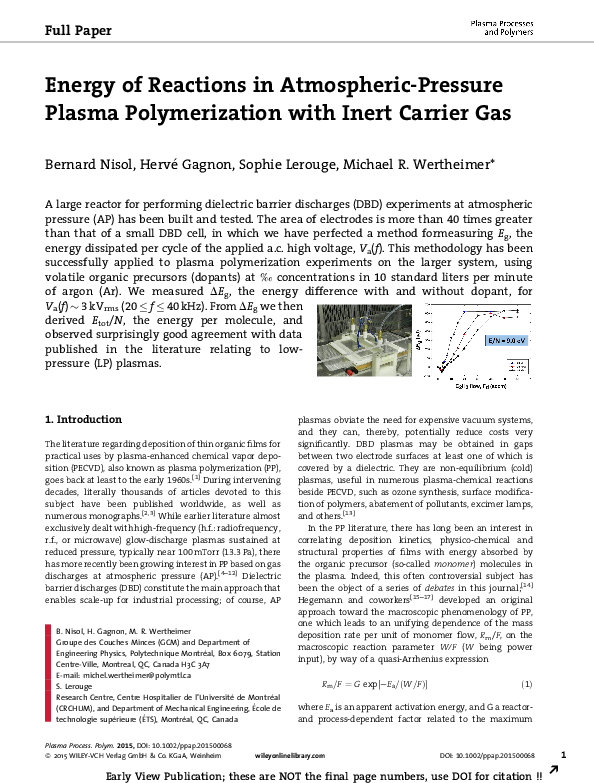 (PDF) Energy of Reactions in Atmospheric-Pressure Plasma Polymerization ...
