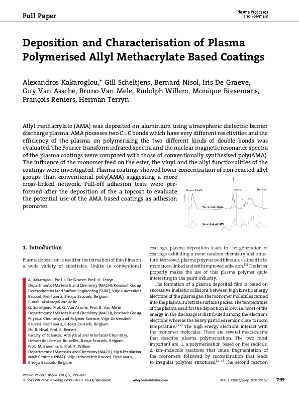 (PDF) Deposition and Characterisation of Plasma Polymerised Allyl Methacrylate Based Coatings