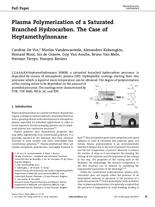 (PDF) Plasma Polymerization of a Saturated Branched Hydrocarbon. The ...