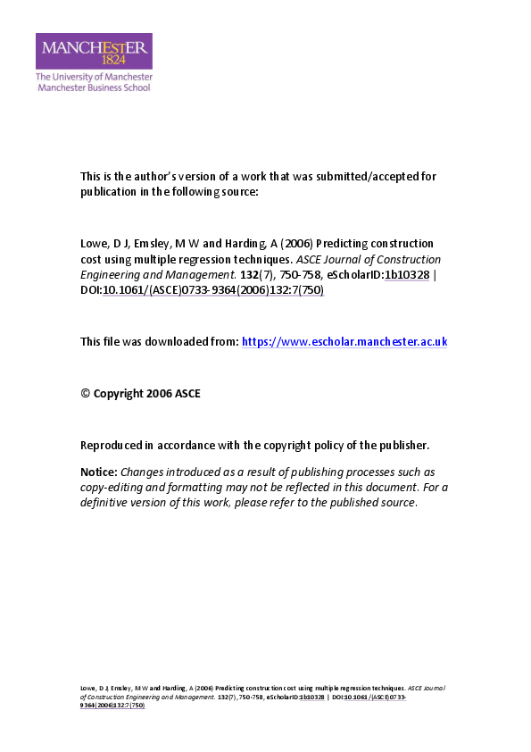 Pdf Predicting Construction Cost Using Multiple Regression Techniques
