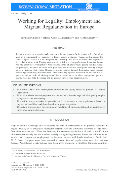 (PDF) Working for Legality: Employment and Migrant Regularization in Europe