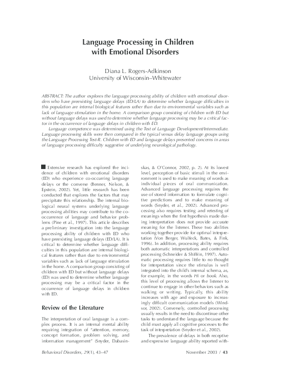 (PDF) Language Processing In Children With Emotional Disorders