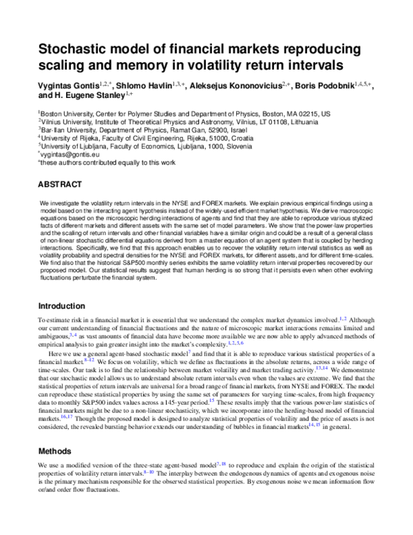 Pdf Stochastic Model Of Financial Markets Reproducing Scaling And