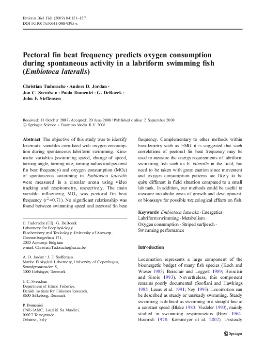 (PDF) Pectoral fin beat frequency predicts oxygen consumption during ...