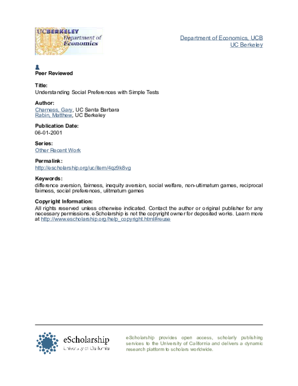 (PDF) Understanding Social Preferences with Simple Tests | Gary ...