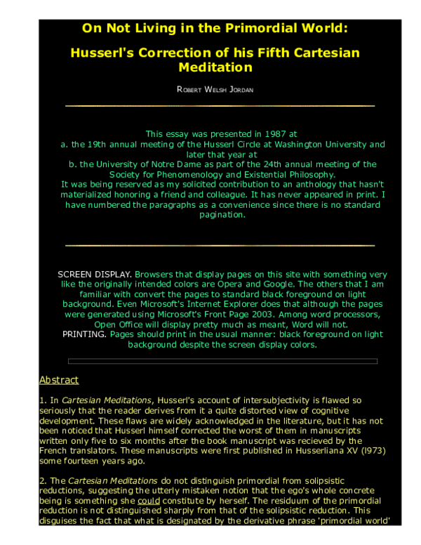 On Not Living In the Primordial World: Husserl’s Correction of His ...
