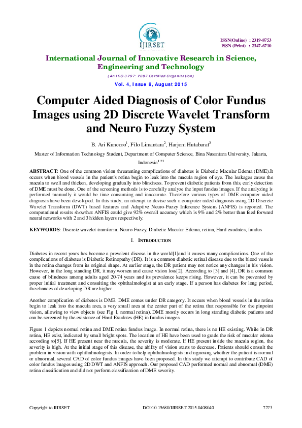 Pdf Computer Aided Diagnosis Of Color Fundus Images Using 2d Discrete Wavelet Transform And