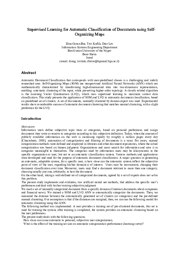 (PDF) Supervised Learning for Automatic Classification of Documents using Self-Organizing Maps