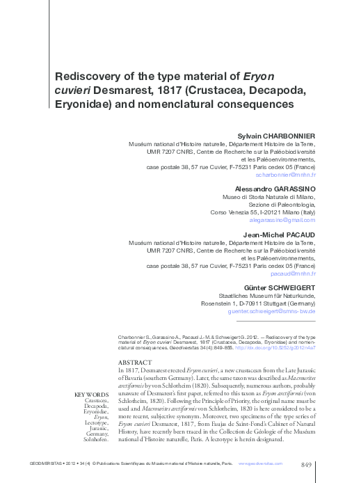 Rediscovery of the type material of Eryon cuvieri Desmarest, 1817 ...