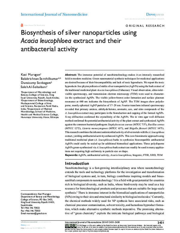 (PDF) Biosynthesis of silver nanoparticles using Acacia leucophloea extract and their ...