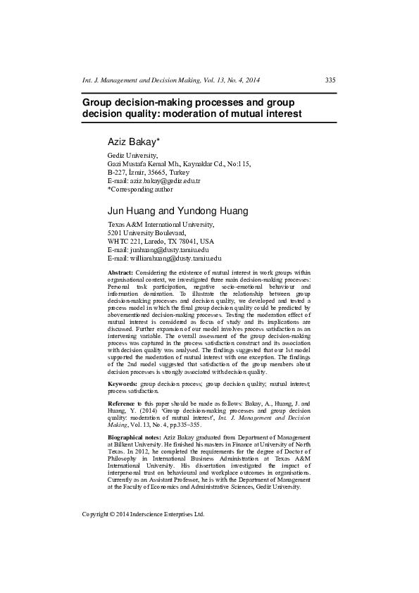 (PDF) Group decision-making processes and group decision quality ...