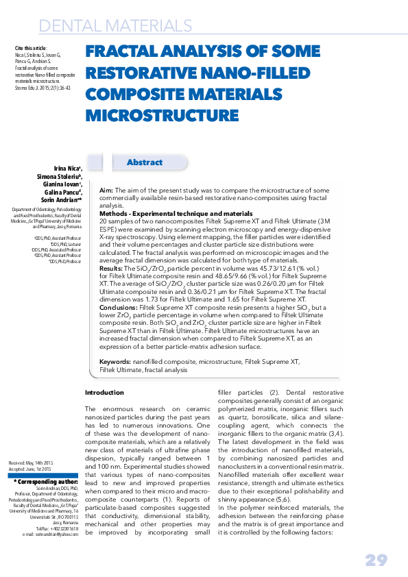 (PDF) FRACTAL ANALYSIS OF SOME RESTORATIVE NANO-FILLED COMPOSITE MATERIALS MICROSTRUCTURE