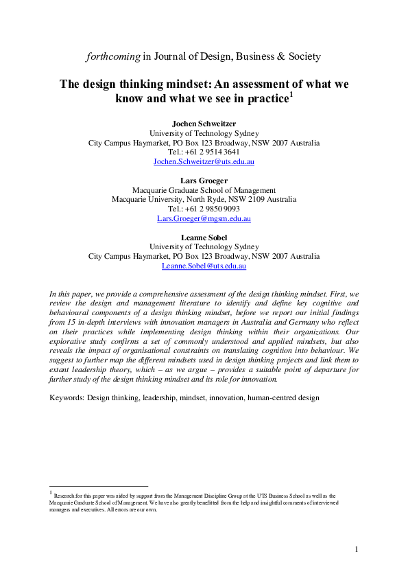 (PDF) The design thinking mindset: An assessment of what we know and ...