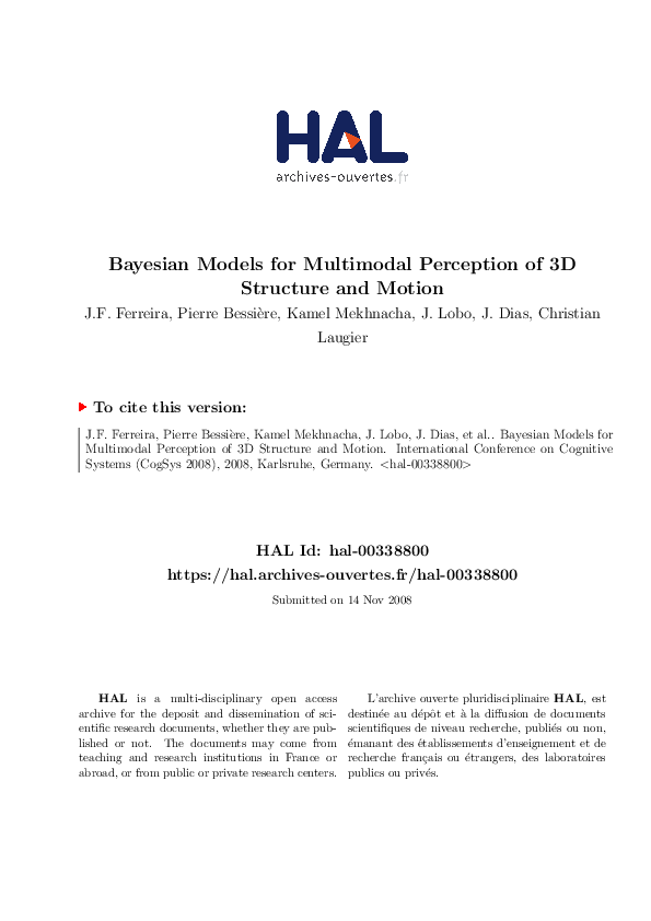 (PDF) Bayesian models for multimodal perception of 3D structure and motion