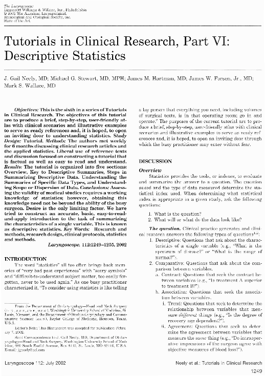 (PDF) Tutorials in Clinical Research, Part VI: Descriptive Statistics