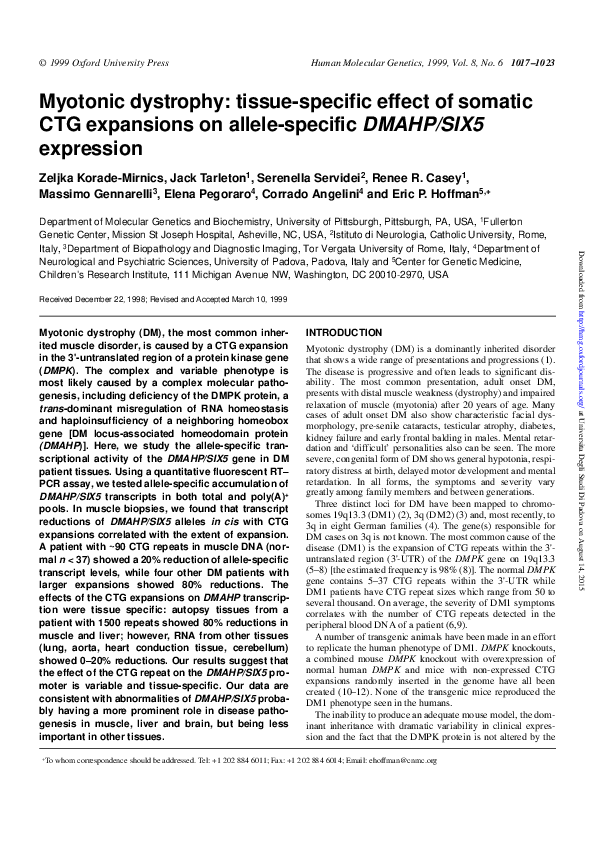 (PDF) Myotonic dystrophy:tissue specific effect of somatic CTG expansion