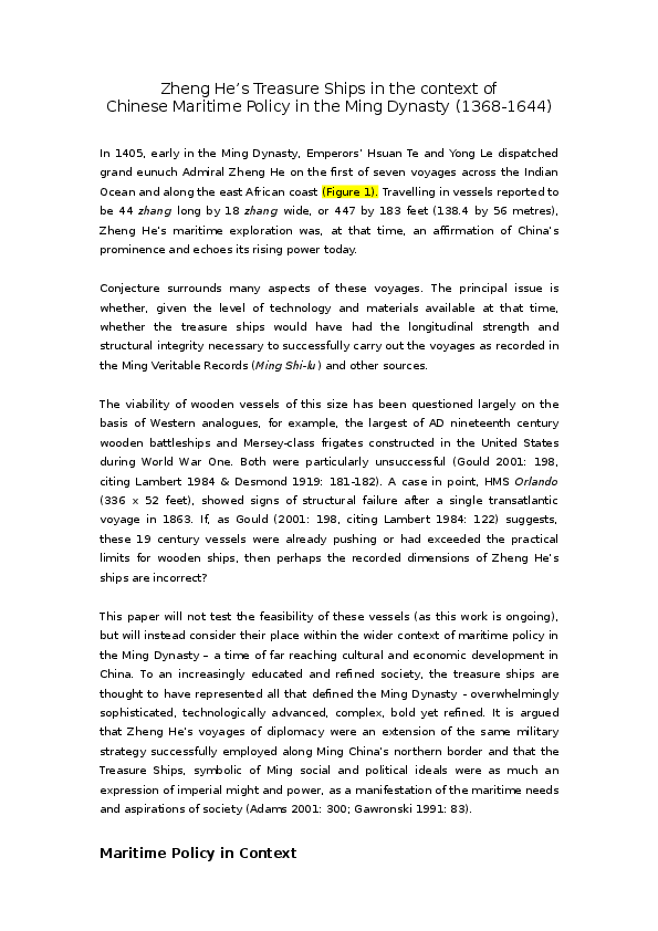 (DOC) Zheng He’s Treasure Ships in the context of Chinese Maritime ...