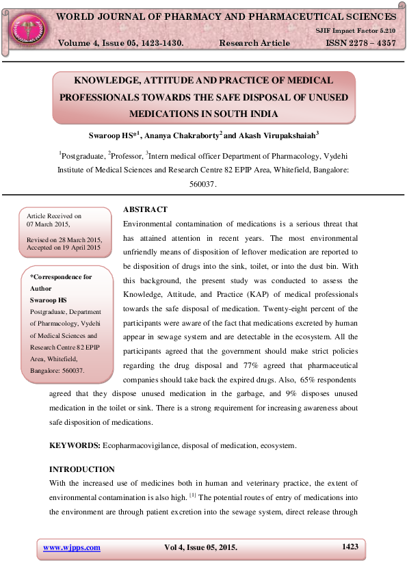 (PDF) KNOWLEDGE, ATTITUDE AND PRACTICE OF MEDICAL PROFESSIONALS TOWARDS THE SAFE DISPOSAL OF ...